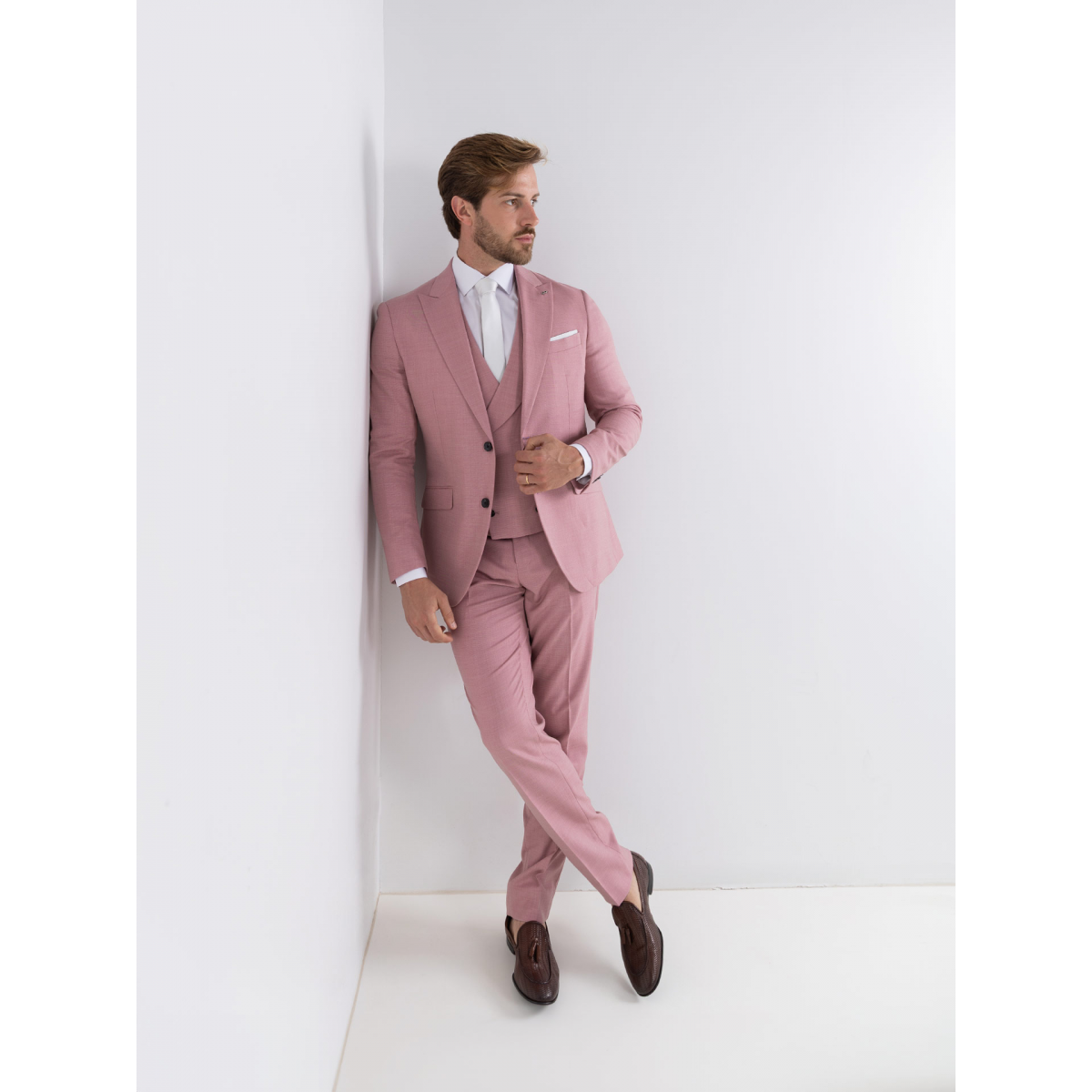 Plain slim fit suit with waistcoat - FAT1009ROSA - Suits Inc