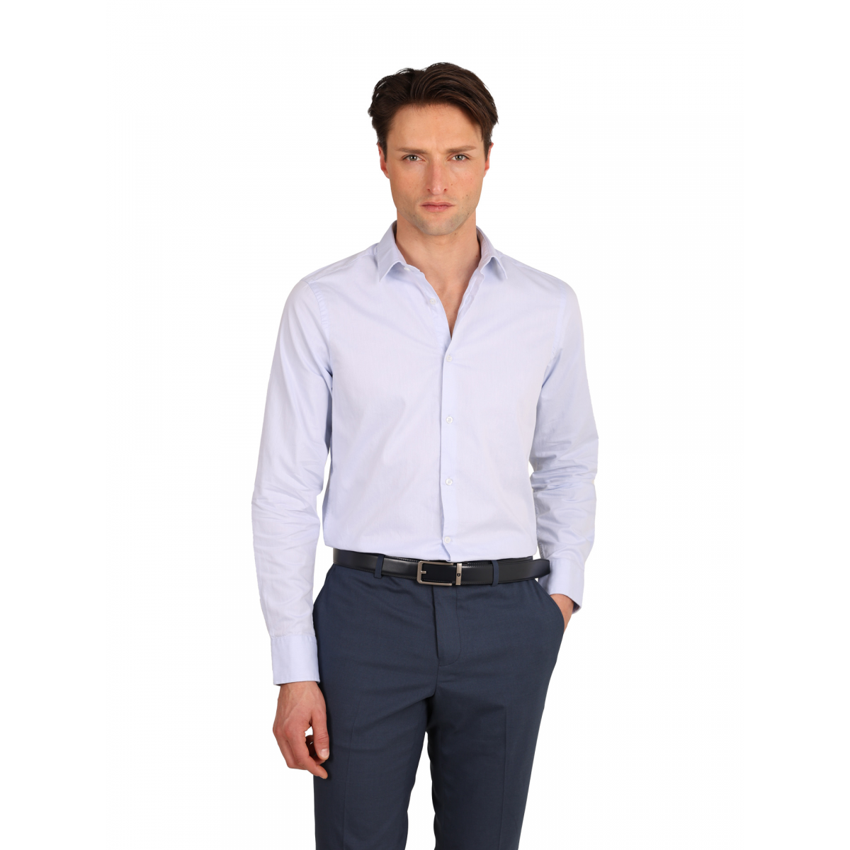 Plain 100% cotton slim fit shirt - CAM0855AZULCLARO - Suits Inc