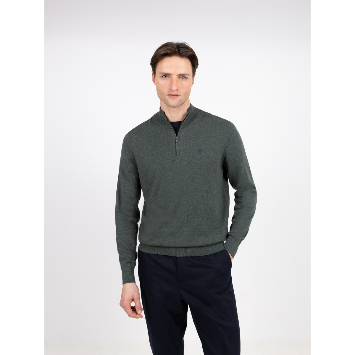 Camisola de malha algodão e caxemira meio fecho - MAL0392VERDE - Suits Inc